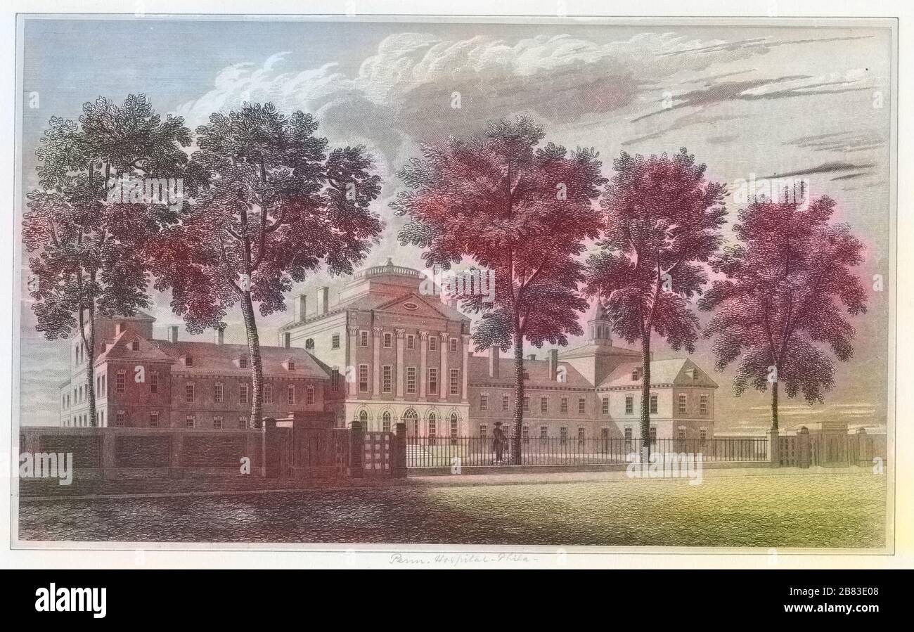 Engraving of the Pennsylvania Hospital in Philadelphia, founded by ...