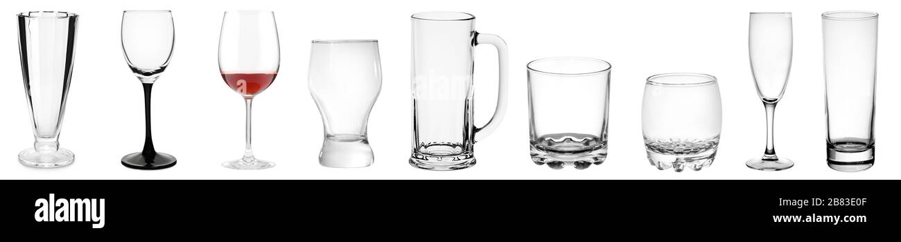 Assorted empty transparent glass products isolated on white background ...