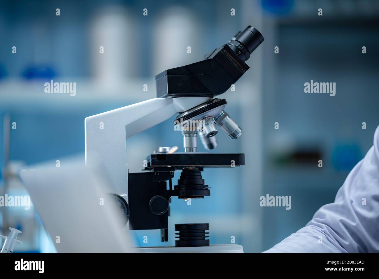 Closeup of Scientific microscope data analysis in the laboratory Stock ...