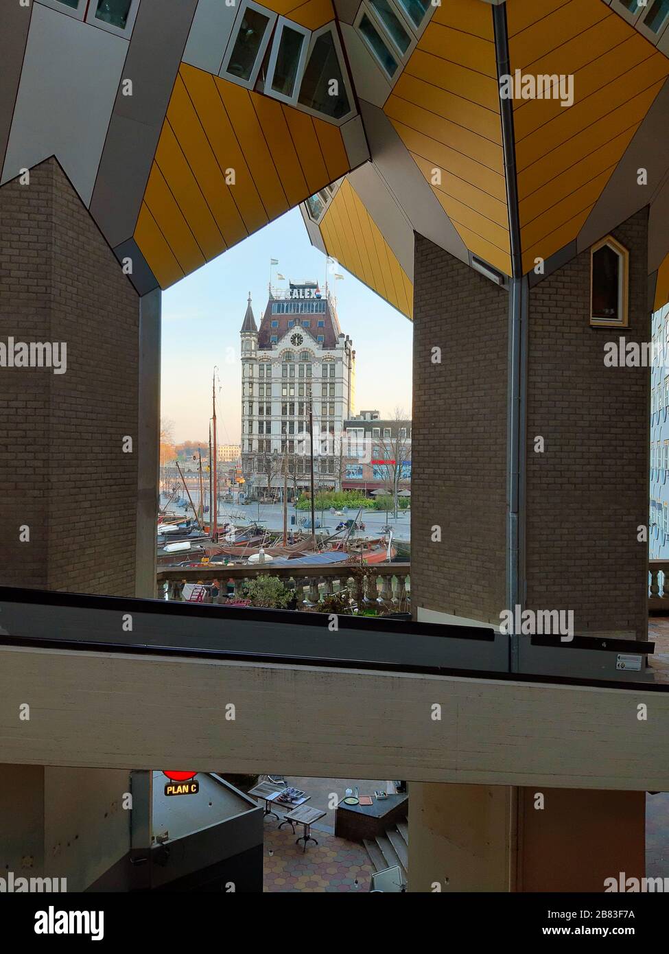 roofs and details of the cubic yellow houses of Rotterdam in Holland ...