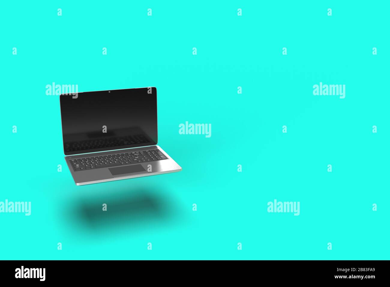 3d render of a futuristic wide screen all screen laptop floating in air ...