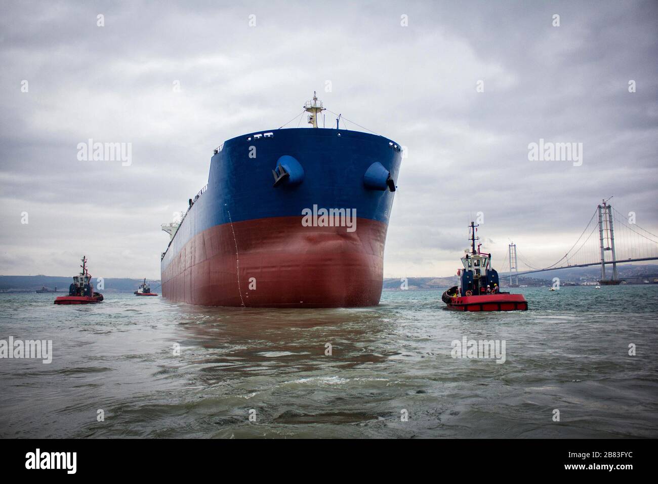 launching of renovated tanker cargo ship from dock to water Stock Photo ...