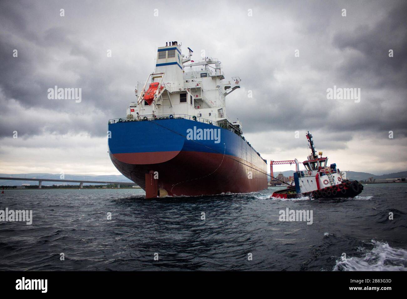 launching of renovated tanker cargo ship from dock to water Stock Photo ...