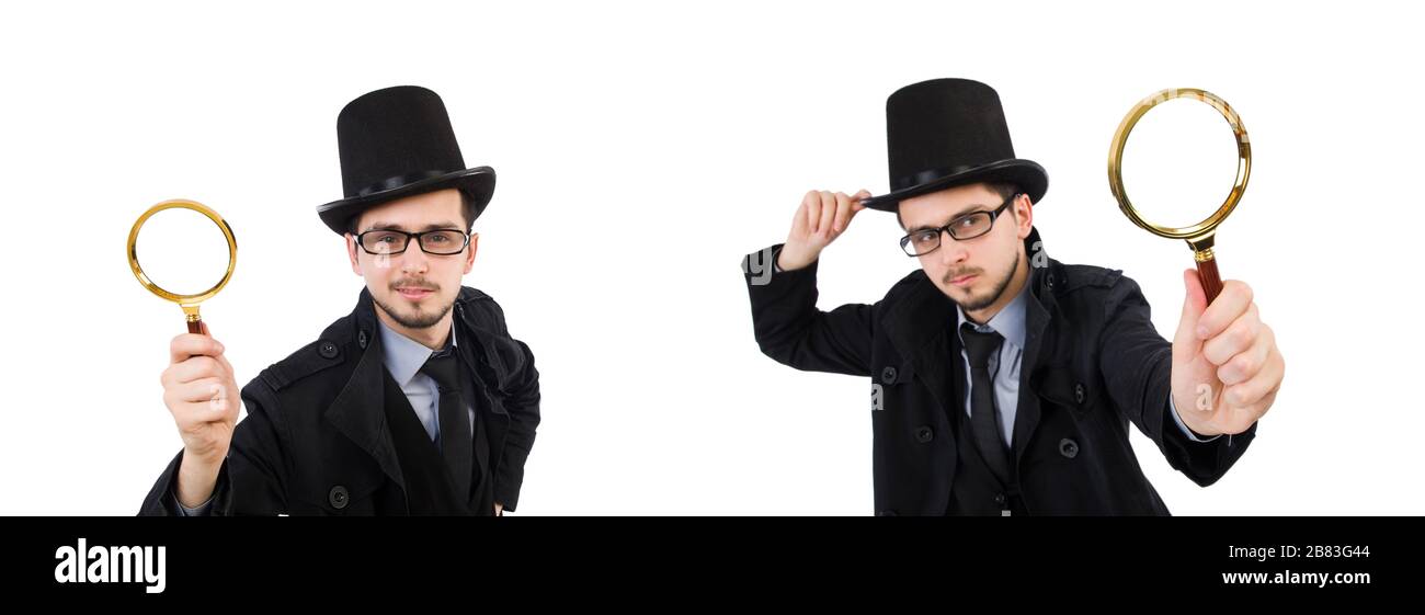 The young detective with magnifying glass isolated on white Stock Photo ...