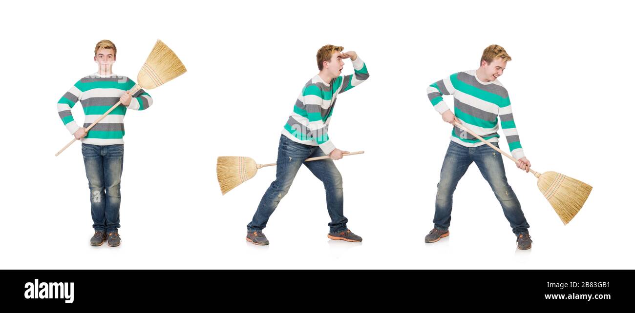 The funny man with mop isolated on white Stock Photo - Alamy