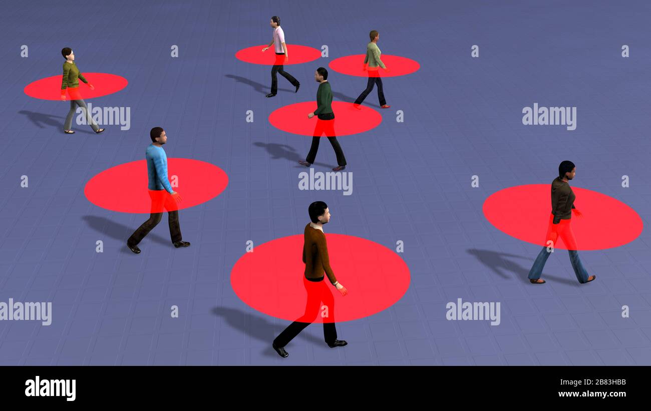 Crowd of people walking and maintaining safe physical distance ...