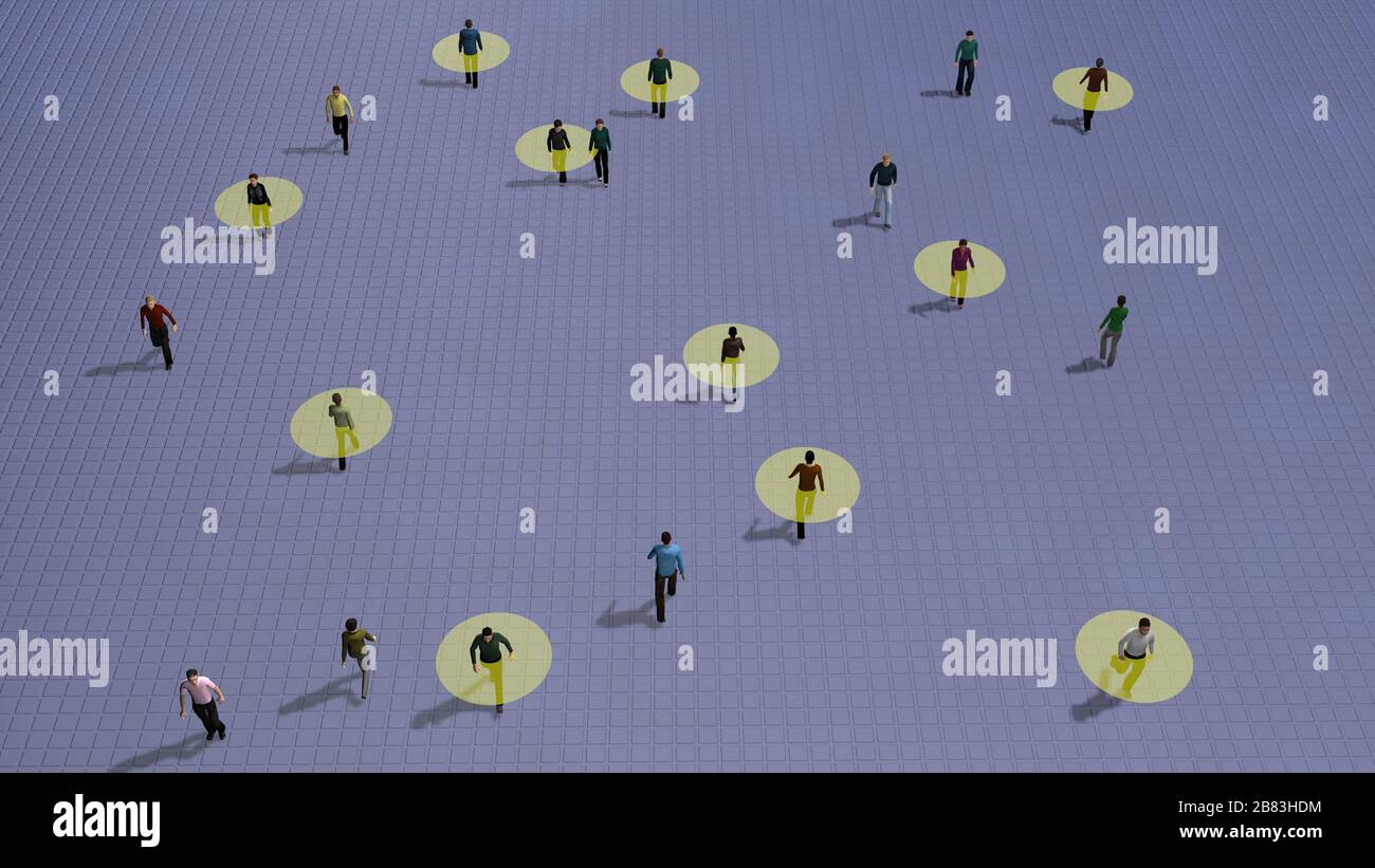 Crowd of people walking and maintaining safe physical distance ...