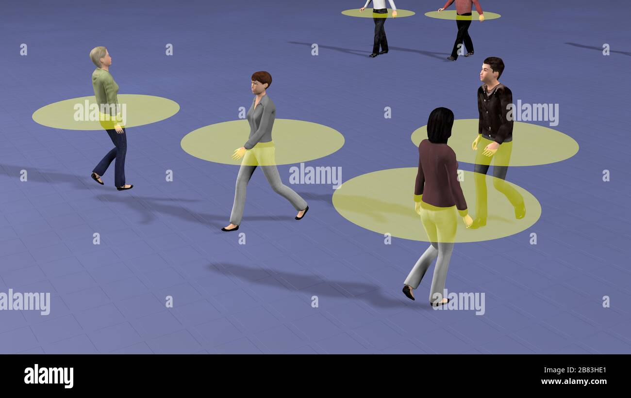 Crowd of people walking and maintaining safe physical distance ...