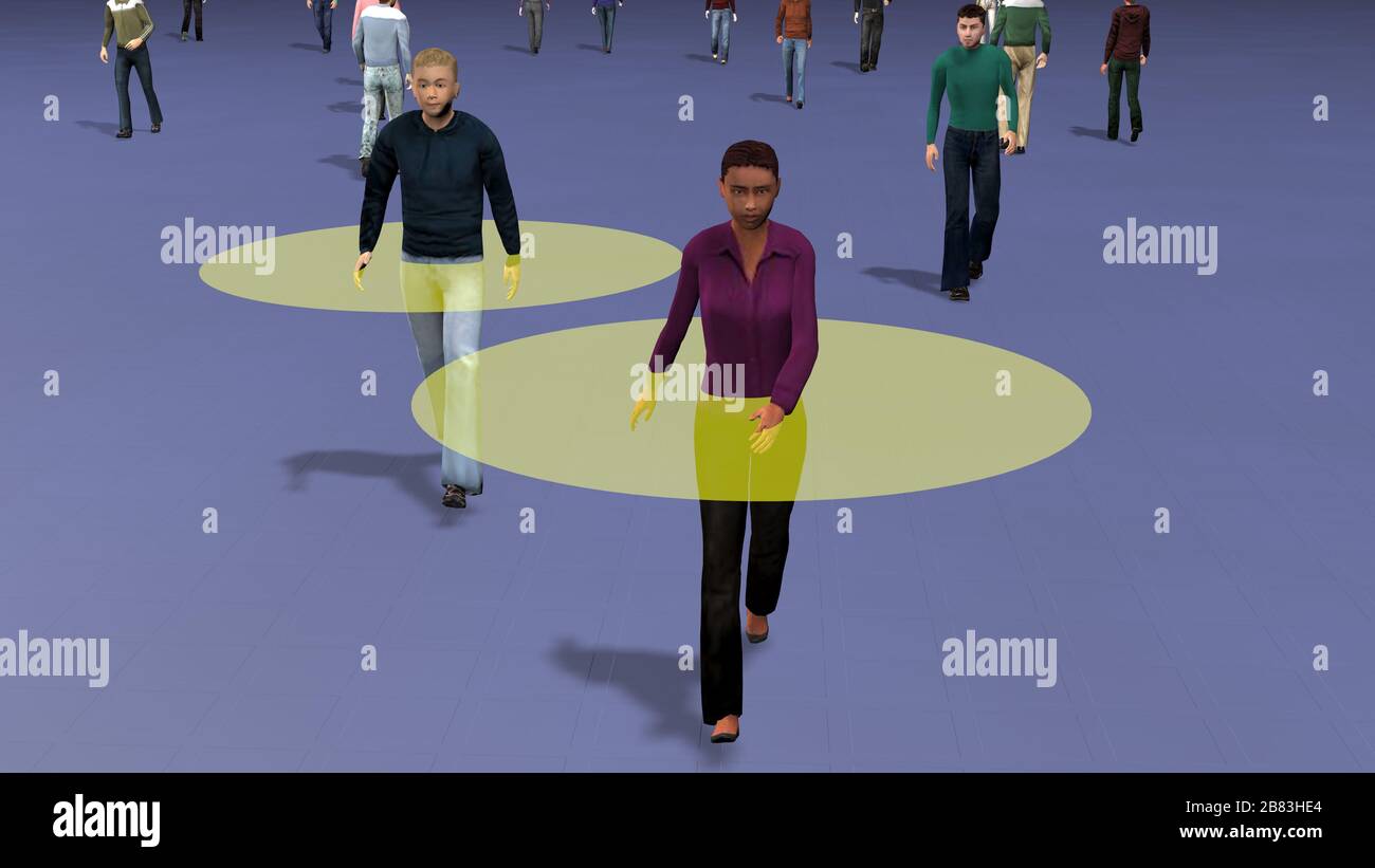 Crowd of people walking and maintaining safe physical distance ...