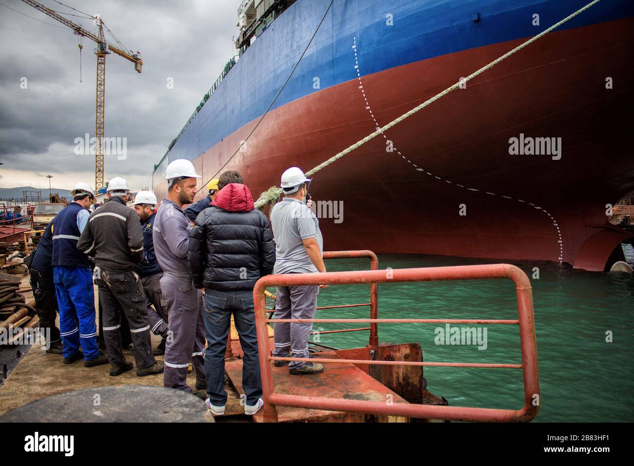 launching of renovated tanker cargo ship from dock to water Stock Photo ...