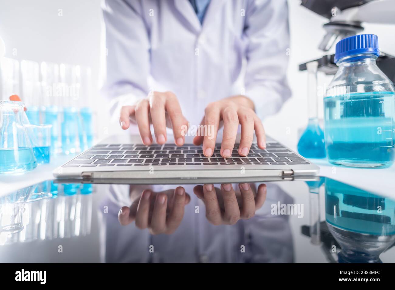 Researchers are analyzing data using a laptop. In the laboratory Stock ...