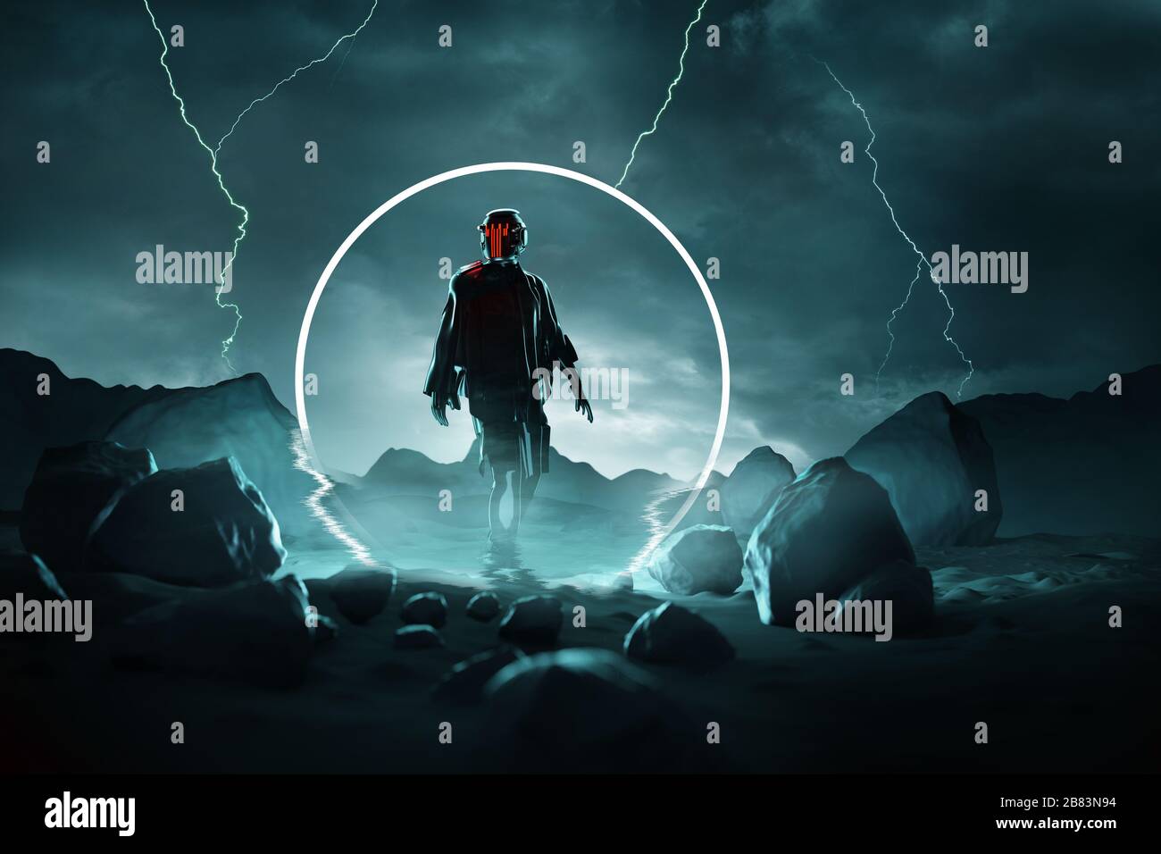 Hostile Arrival. A futuristic spaceman arrives onto a stormy planet ...