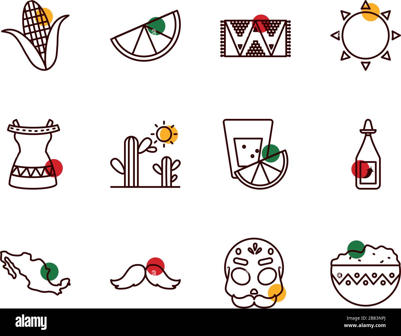 Mexican half line half color style icon set design, Mexico culture ...