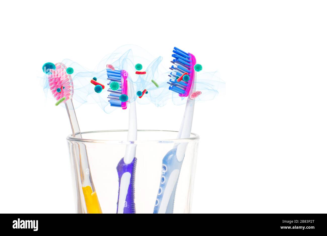 Dental hygiene. Tooth brushes with bacteria in glass on white ...