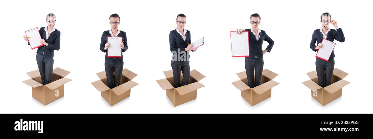 The woman with paper pad out of box Stock Photo - Alamy