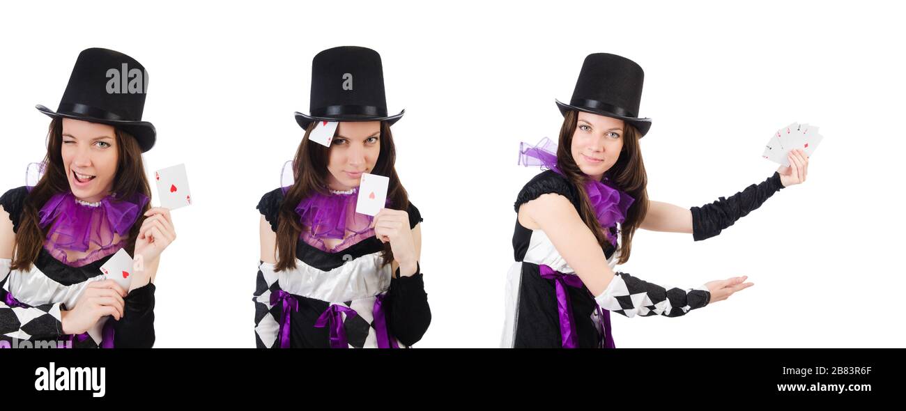 The pretty girl in jester costume with cards isolated on white Stock ...