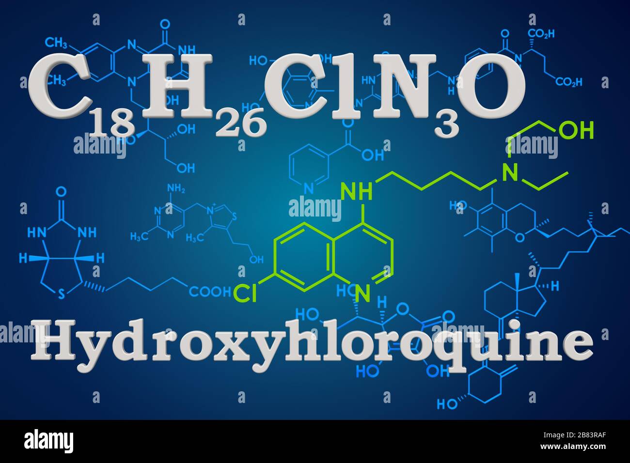 Hydroxychloroquine. Chemical formula of HCQ, molecular structure. 3D ...
