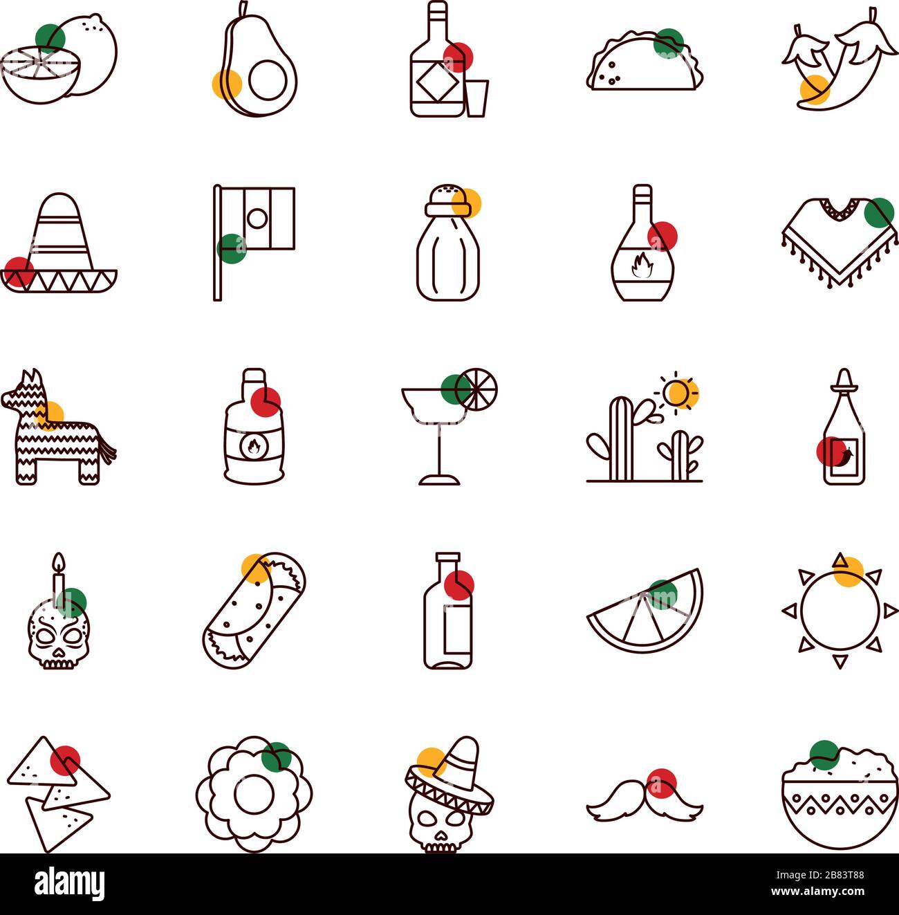 Mexican half line half color style icon set design, Mexico culture ...
