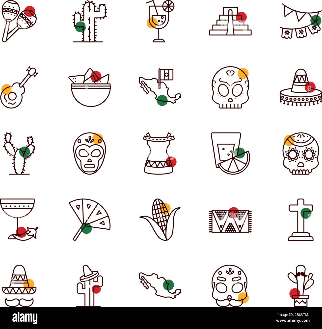 Mexican half line half color style icon set design, Mexico culture ...