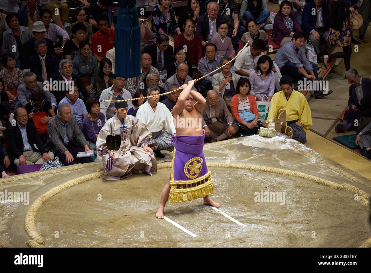Sumo wrestler in sumo wrestling ring for closing ceremony traditional ...