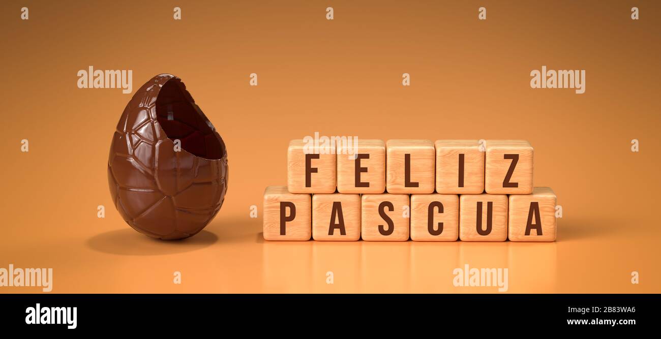 chocolate easter egg with cubes and the message HAPPY EASTER in Spanish ...
