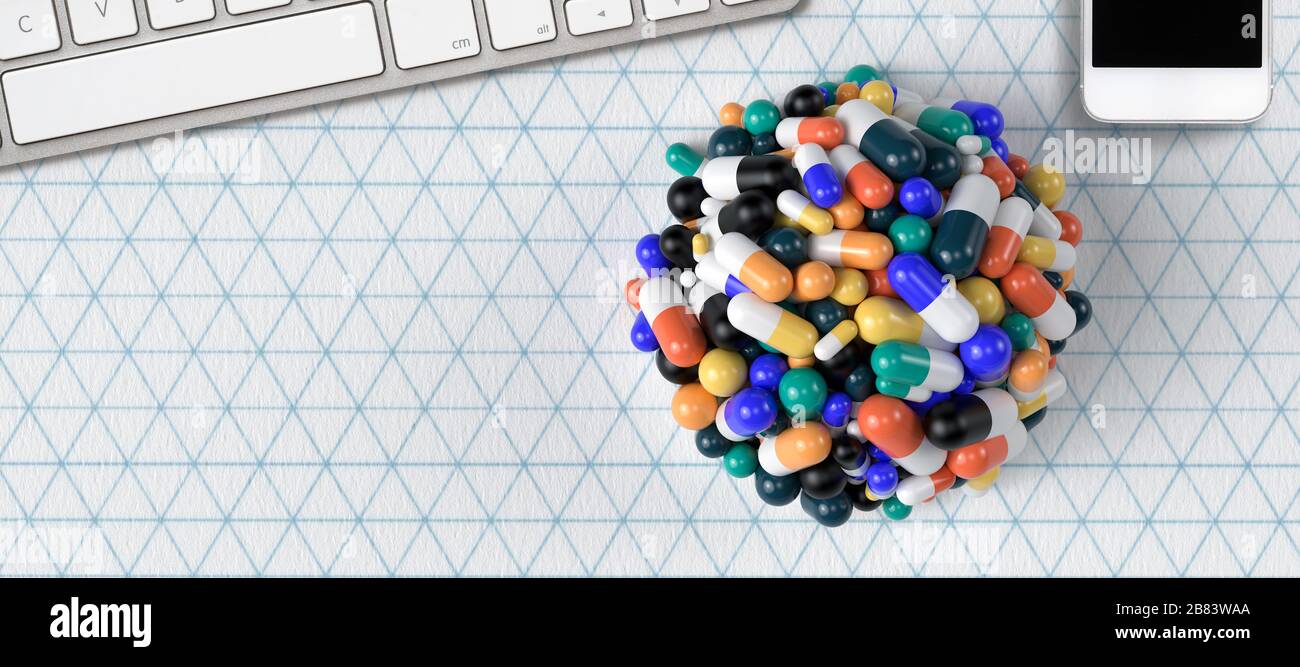 many pills with keyboard and smartphone on paper background Stock Photo ...