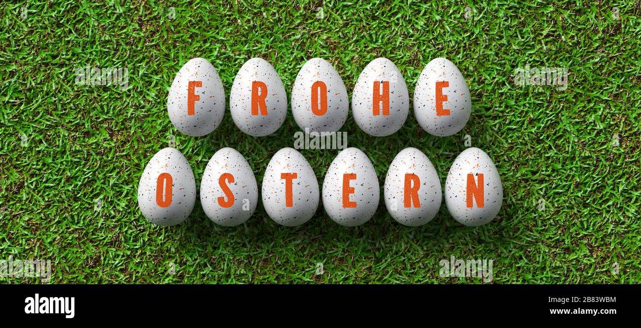 Easter Eggs with message HAPPY EASTER in German on grass background ...