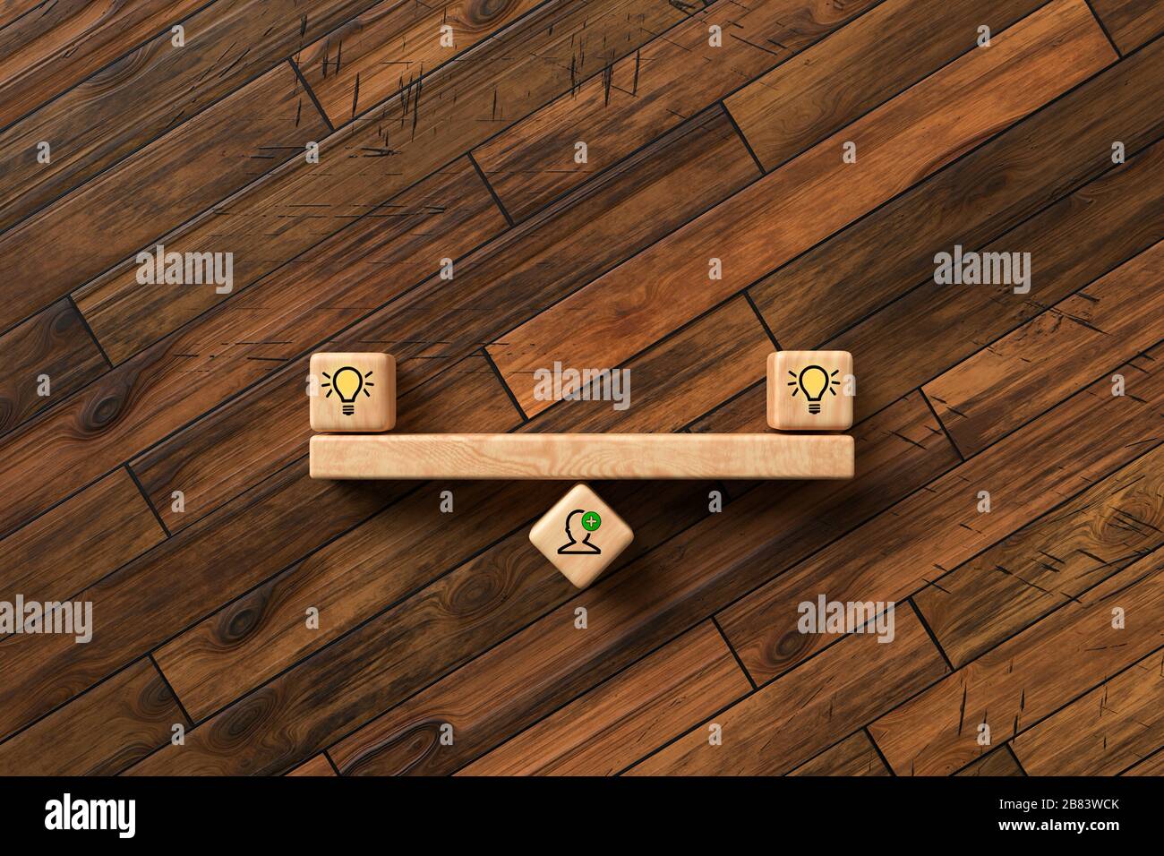 wooden blocks forming a scale with idea symbols on wooden background ...