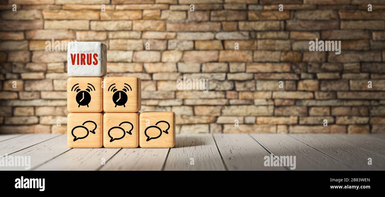 cubes with the word VIRUS in front of a brick wall on wooden floor - 3d ...