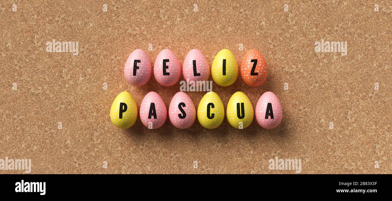 easter eggs with message HAPPY EASTER in Spanish on cork background ...