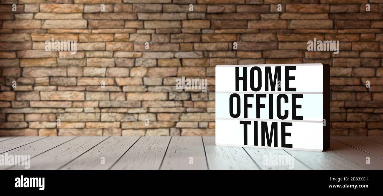 lightbox with text HOME OFFICE TIME in front of a brick wall - 3D ...