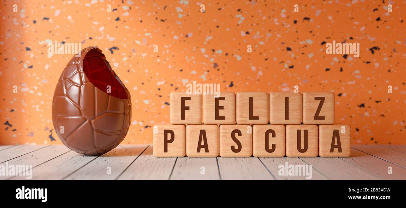 chocolate easter egg with cubes and the message HAPPY EASTER in Spanish ...