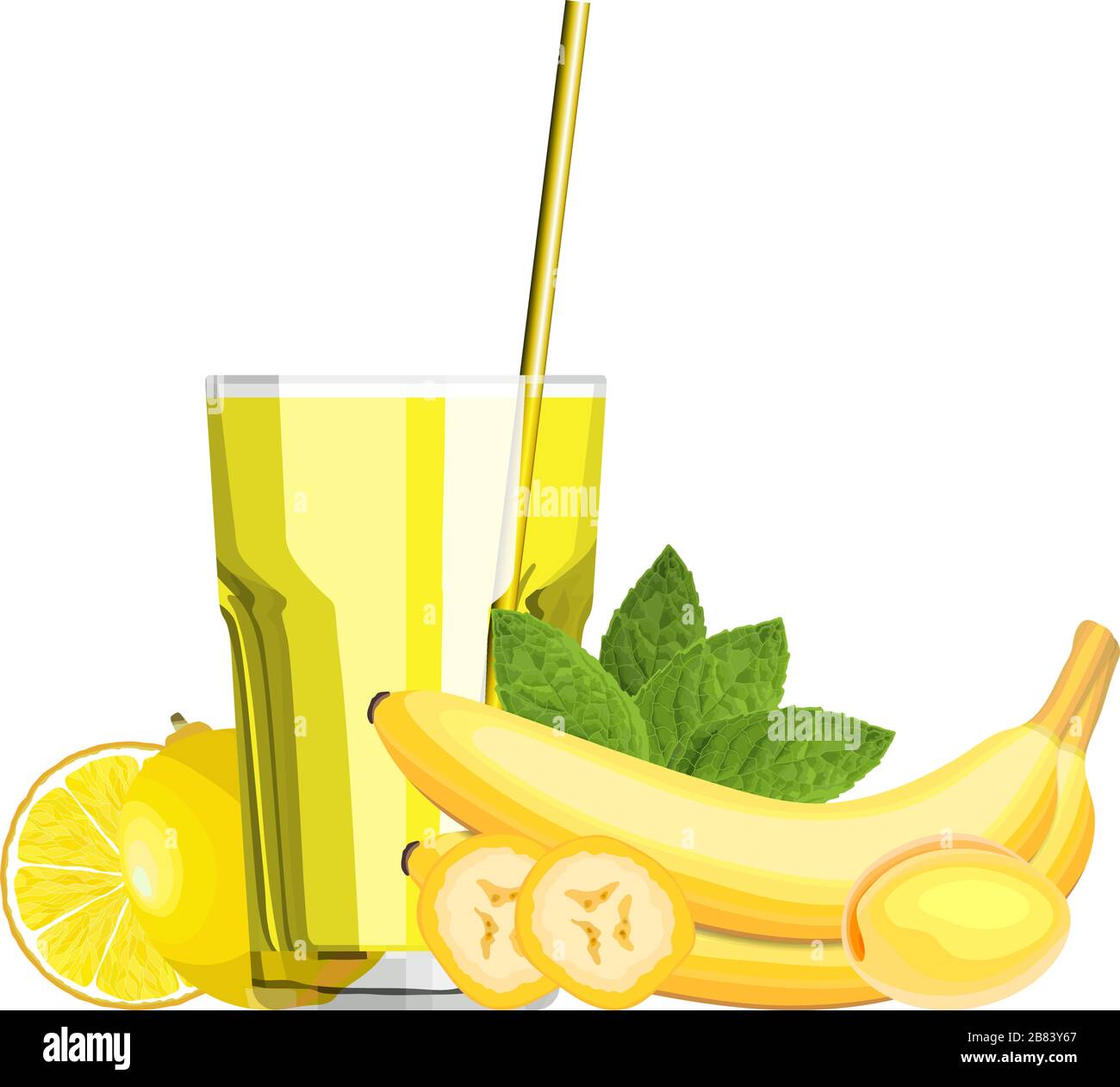 Yellow blended smoothie in a glass with ingredients vector illustration ...