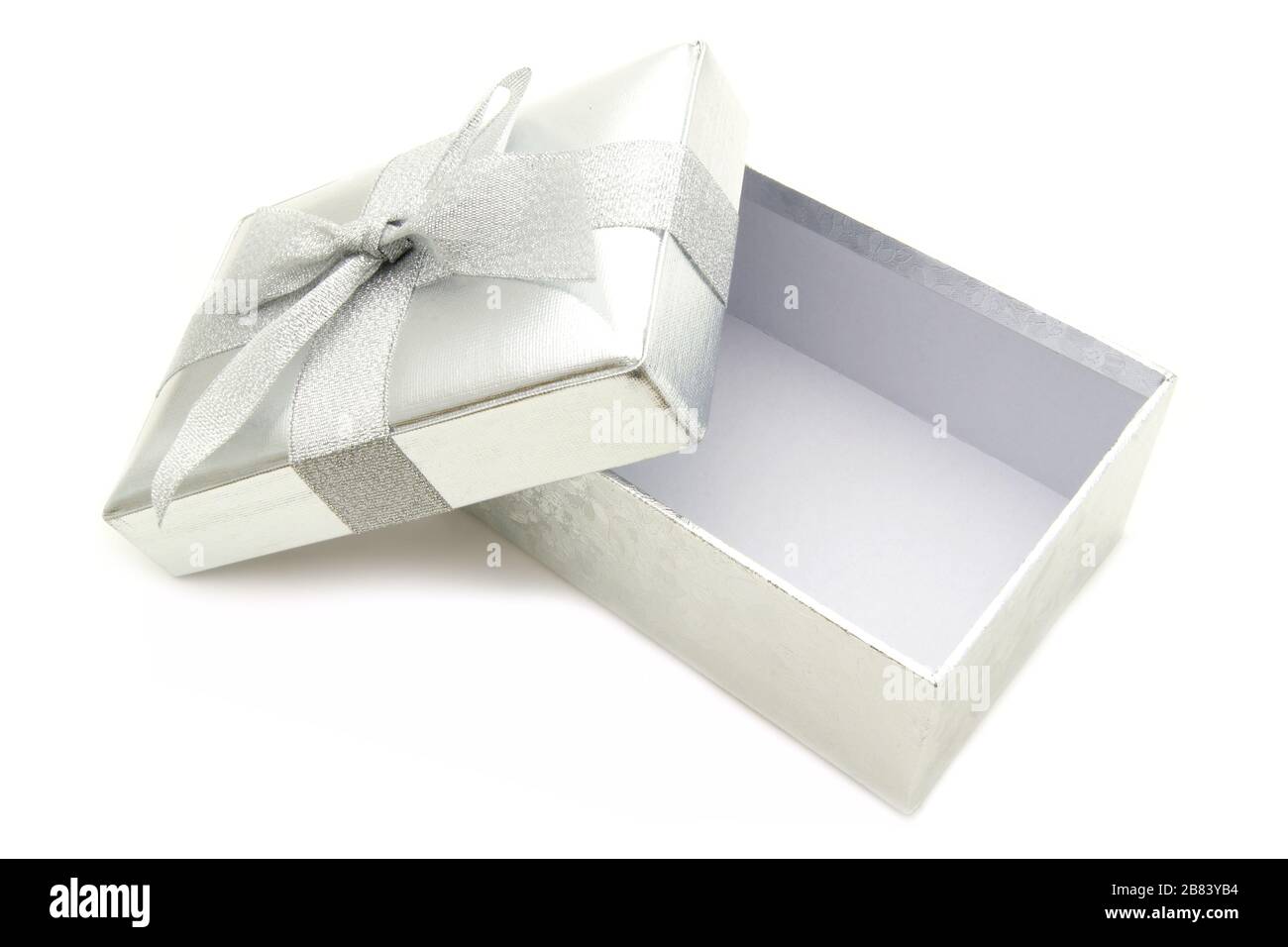 Opened silver gift box with lid and bow isolated over white Stock Photo ...