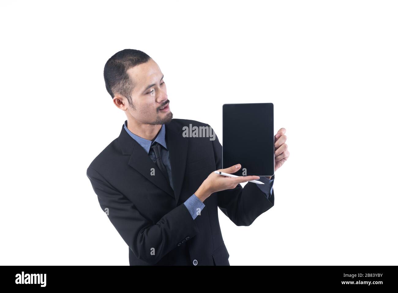 Business people are presenting sales using tablets, on white background ...
