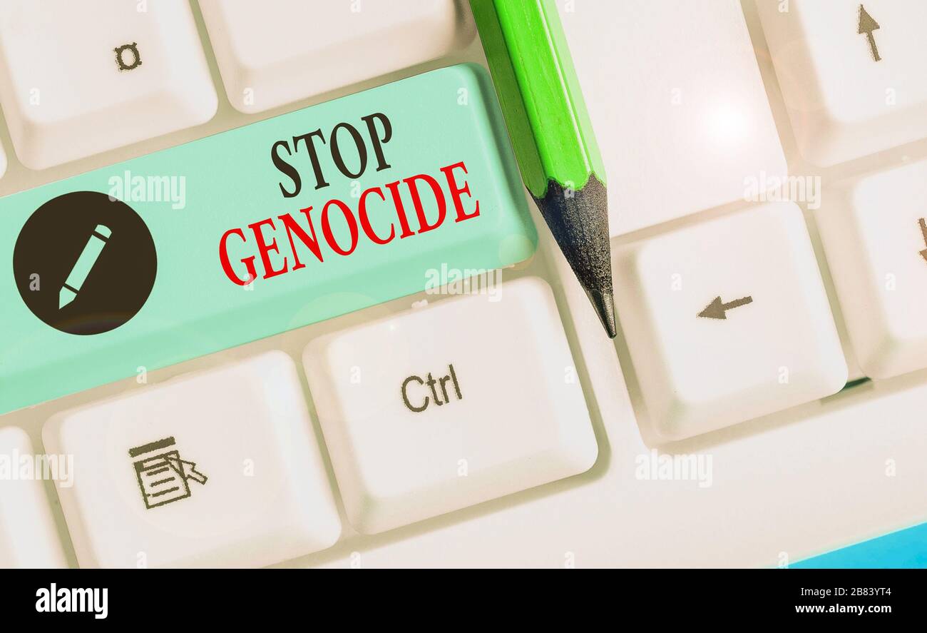 Writing note showing Stop Genocide. Business concept for to put an end ...