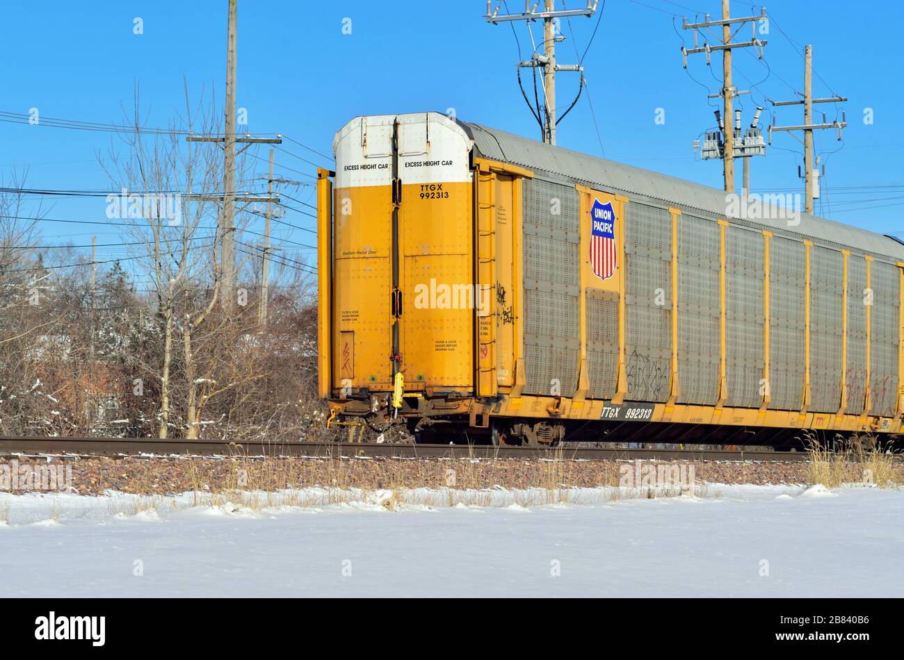 Geneva, Illinois, USA. A freight train with auto rack carrier cars on ...