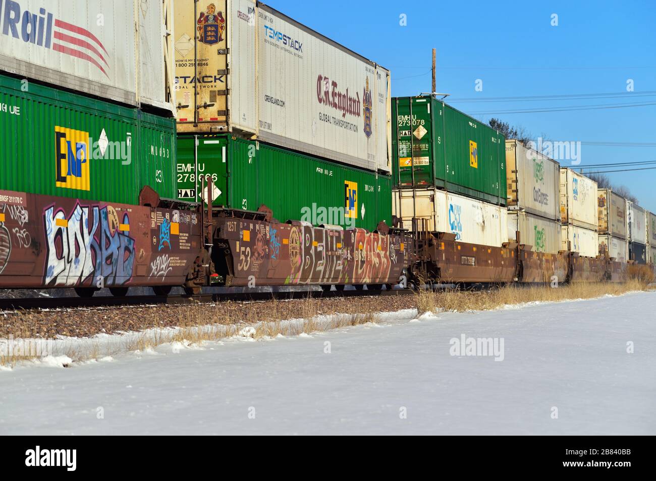 Geneva, Illinois, USA. A Union Pacific container stack train, near ...