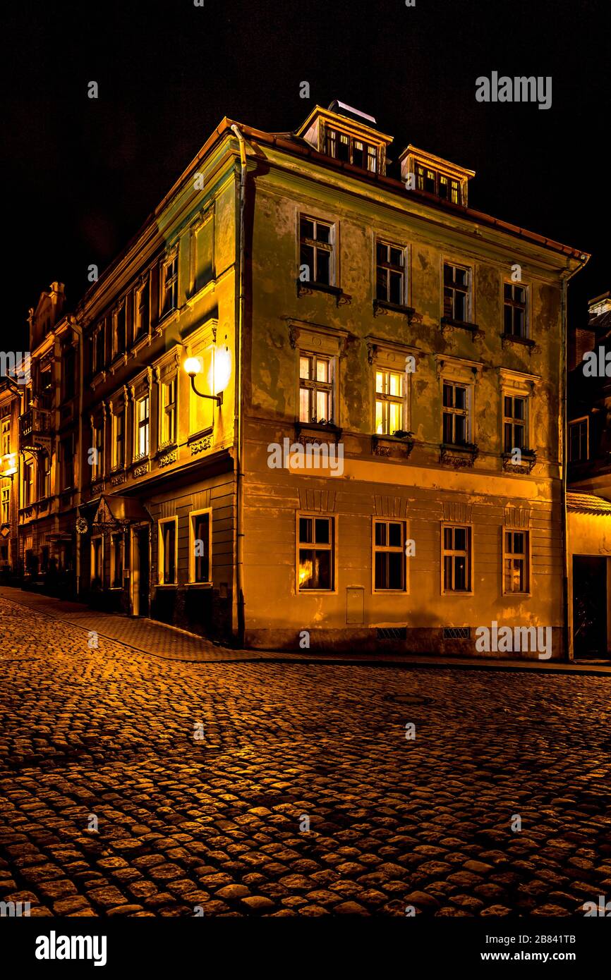 night view on a town Loket and Loket Castle (Hrad Loket, Burg Elbogen ...