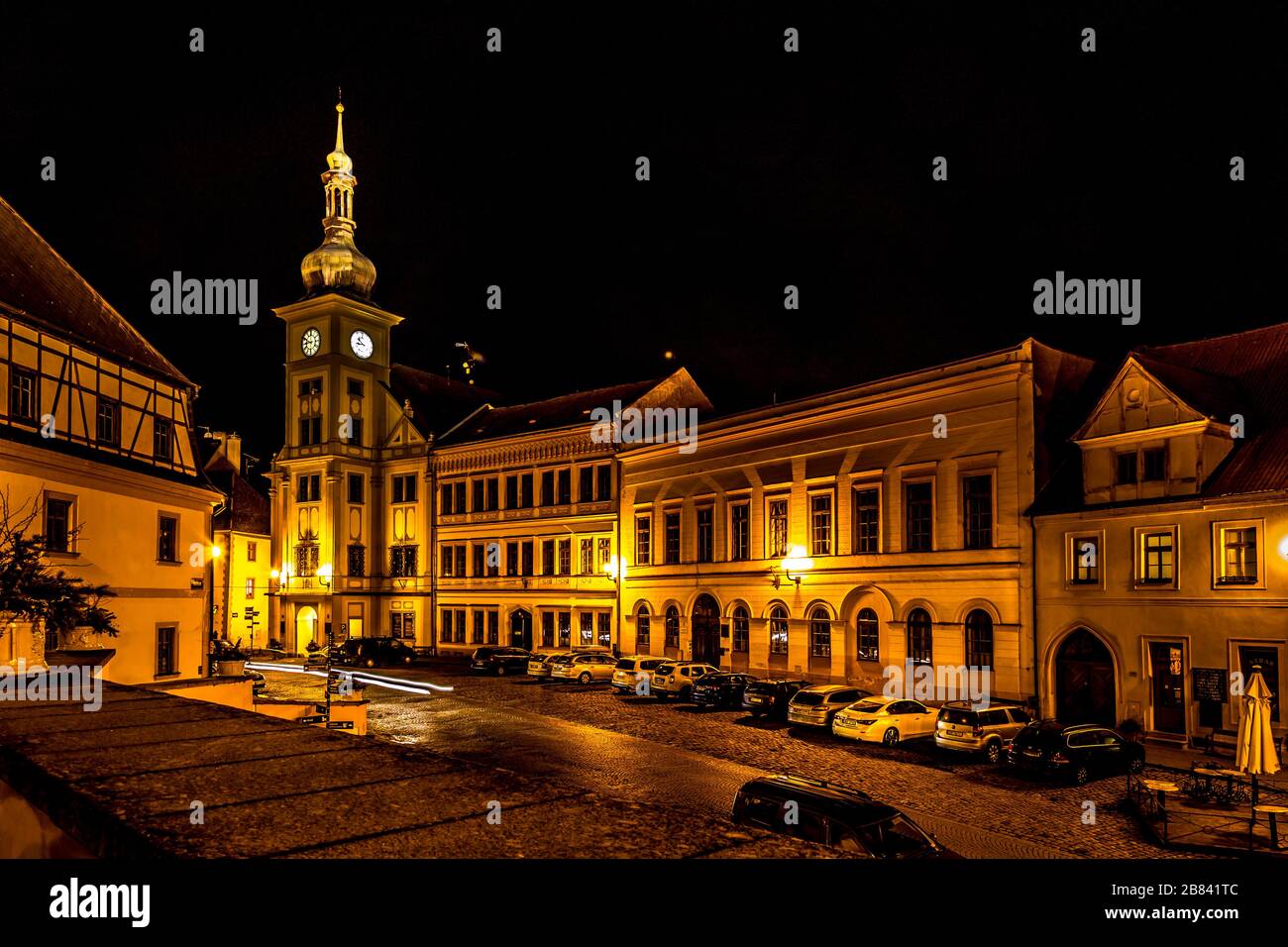 night view on a town Loket and Loket Castle (Hrad Loket, Burg Elbogen ...