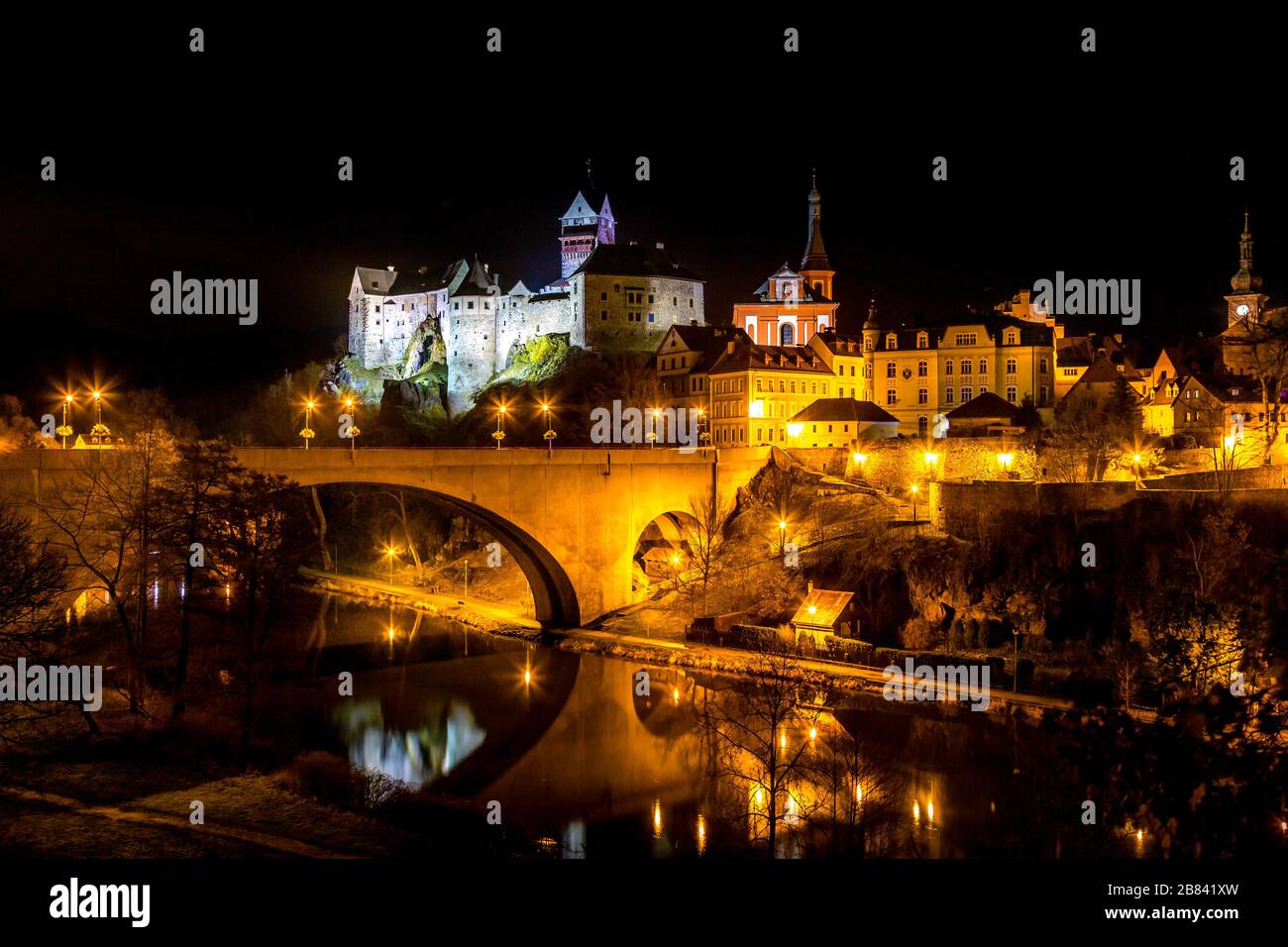night view on a town Loket and Loket Castle (Hrad Loket, Burg Elbogen ...