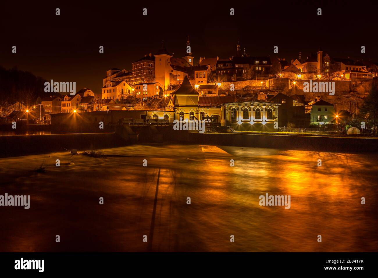 night view on a town Loket and Loket Castle (Hrad Loket, Burg Elbogen ...
