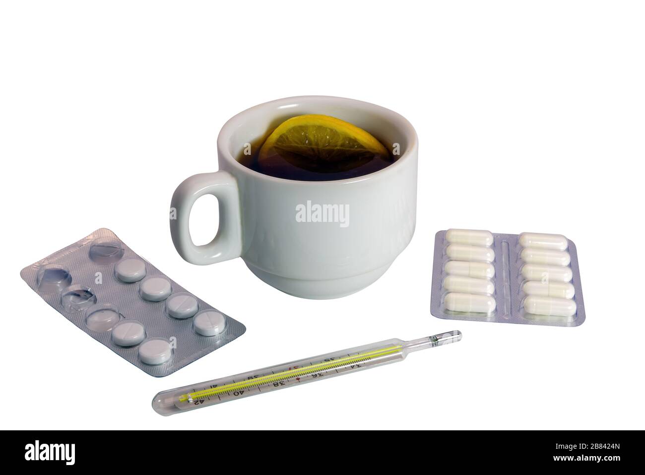 Cold and flu treatment set. Pills, thermometer, cup of tea, recipe on ...