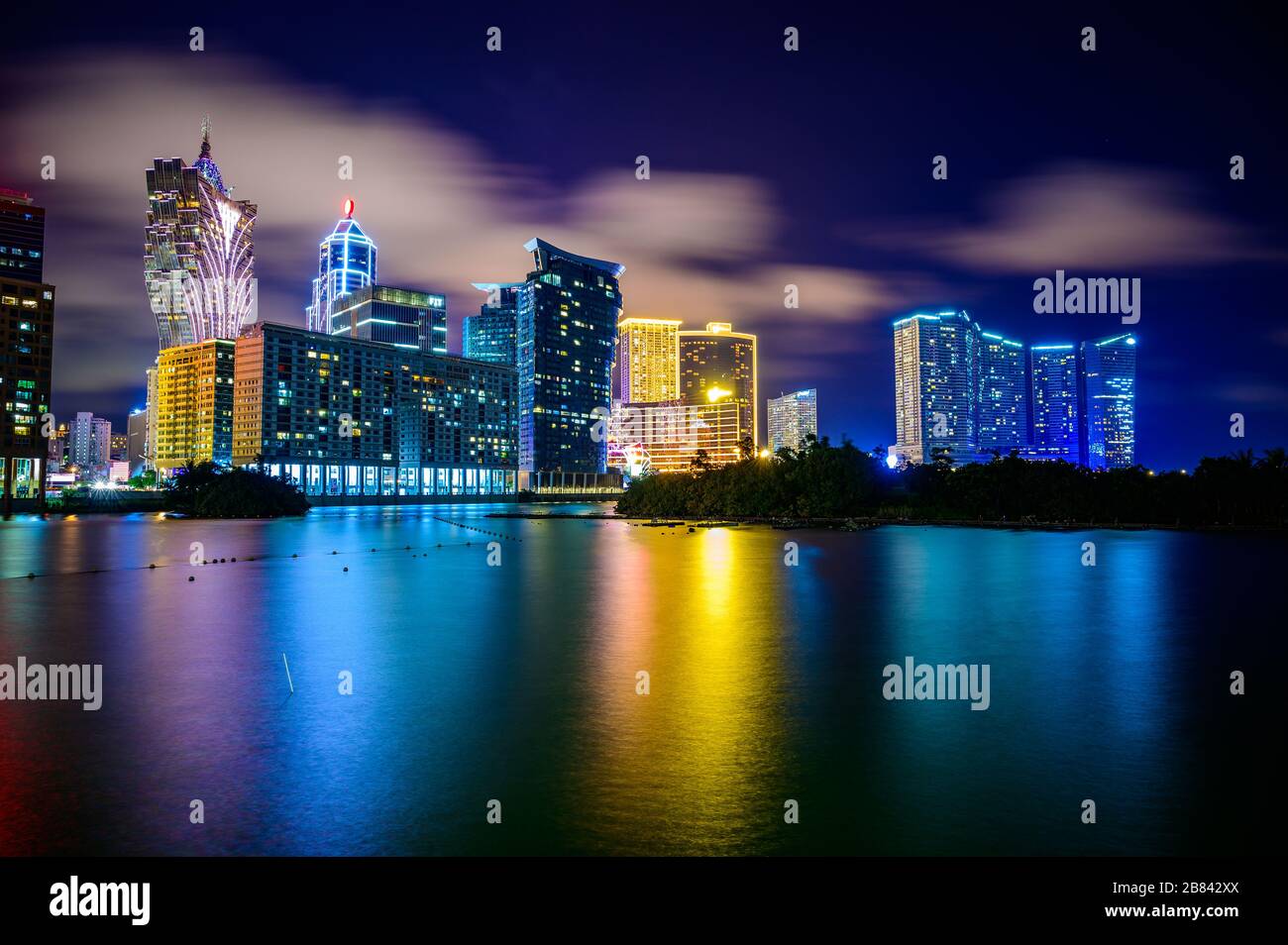 Macau cityscape at night, all hotel and tower are colorful lighten up ...