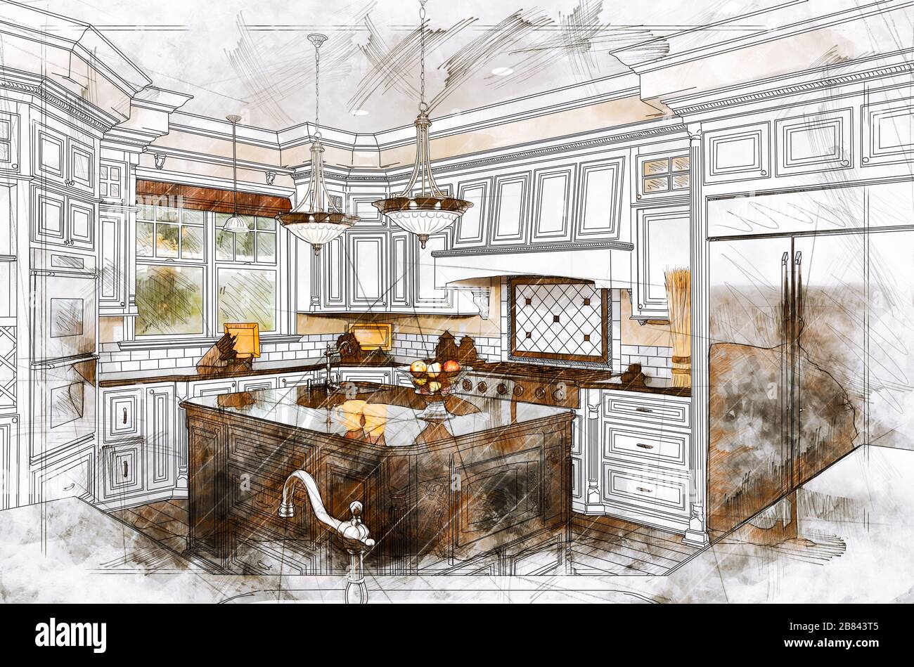 Beautiful Custom Kitchen Design Drawing Illustration Details Stock ...