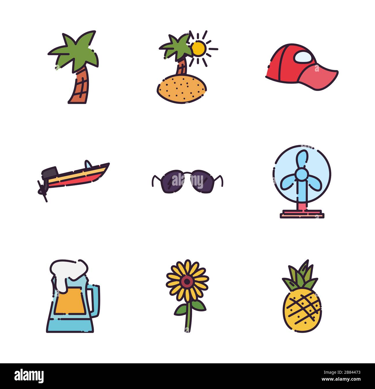fill style icon set design, Summer vacation tropical relaxation outdoor ...