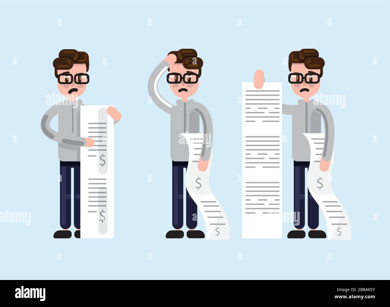 Simple cartoon man in glasses looking scared and depressed while ...