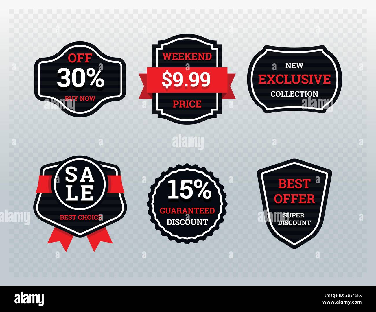 Set of graphics sale stickers in red and black colors showing prices ...