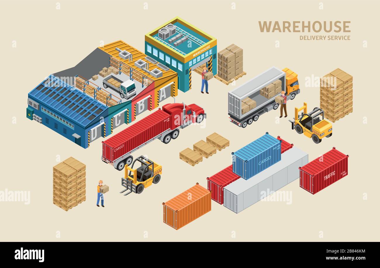 Isometric vector illustration of workers loading freight trucks with ...