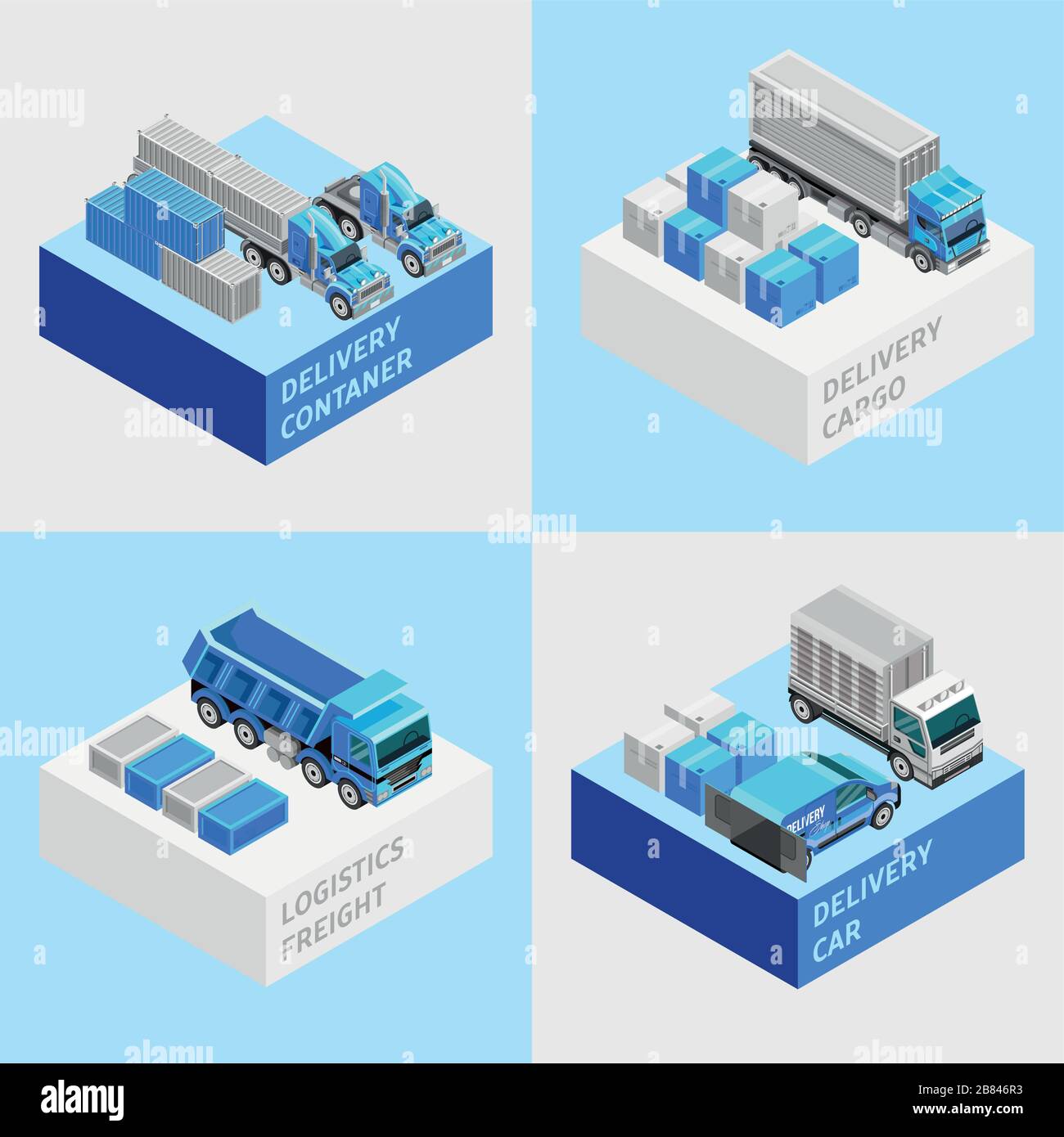Set of isometric vector illustrations with assorted freight vehicles of ...
